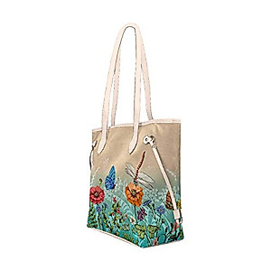 InterestPrint Womens Handbags Ladies Purses Shoulder Bags Tote Bag S-ummer Dragonflies Butterflies Flower Grass