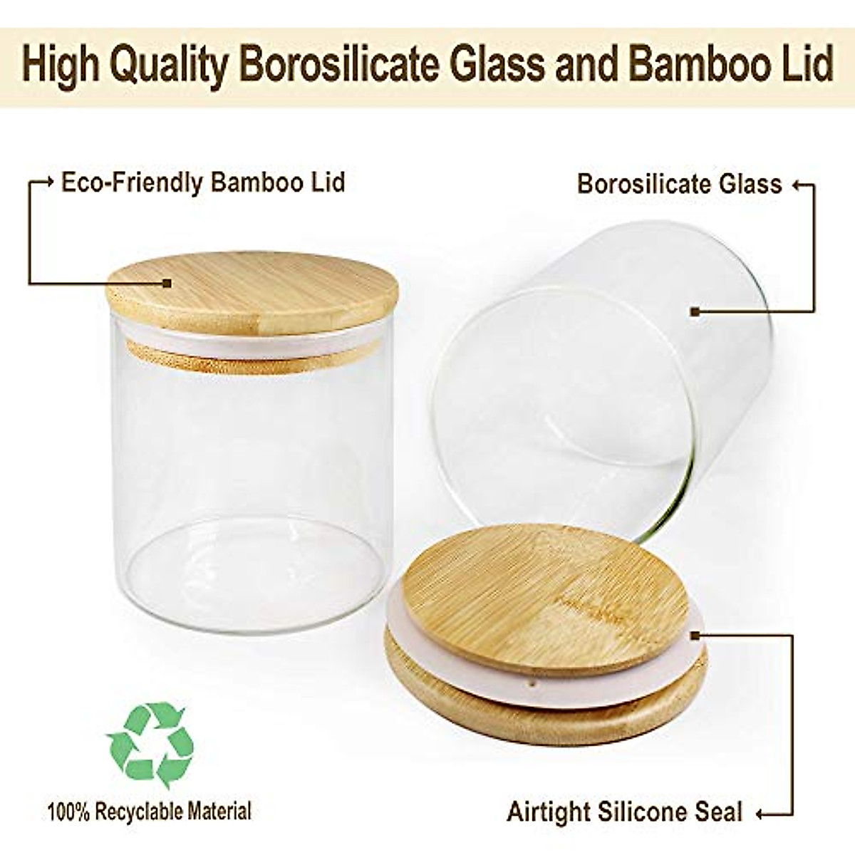 EcoEvo Glass Jars with Bamboo Lids (27oz in 6 Pack), Glass Food Jars and Canisters Sets, Glass Food Storage Jars with Airtight Lids, Glass Canisters with lids, Glass Pantry Jars, Glass Jars with Lids.
