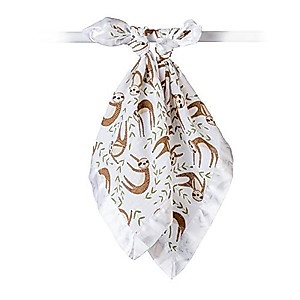 lulujo Baby Security Lovie Blankets| Unisex Softest Breathable Cotton Muslin Security Blanket with Silky Satin Trim| Neutral Comforting Blanket for Girls & Boys | 16in by 16 in| Sloth