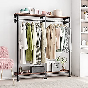 IronJiaZu Industrial Pipe Clothes Racks with 2 Shelves, Industrial Pipe Black Clothing Rack with Double Hanging Rods, Heavy Duty Wall Mounted Clothing Rack Rod for Closet Storage, Bedroom