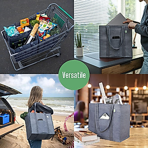 VENO 4 Pack Reusable Grocery Shopping Bag w/ Hard bottom, Foldable, Multipurpose Heavy Duty Tote, Daily Utility bag, Stands Upright, Sustainable (Set of 4, Gray)