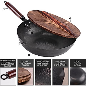 Leidawn 12.8" Carbon Steel Wok - 11Pcs Woks and Stir Fry Pans with Wooden Handle and Lid,10 Cookware Accessories,For Electric,Induction and Gas Stoves
