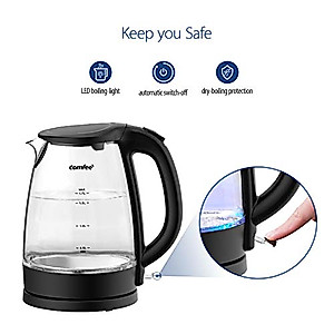 COMFEE' Glass Electric Tea Kettle & Hot Water Boiler(BPA-Free), 1.7L, Cordless with LED Indicator, 1500W Fast Boil, Auto Shut-Off and Boil-Dry Protection