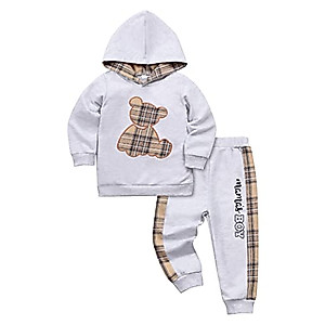 Yoxindax Toddler Baby Boy Clothes Outfits Plaid Bear Long Sleeve Hoodie Sweatshirt Patchwork Pants Spring Clothes for Boys(2-3t)