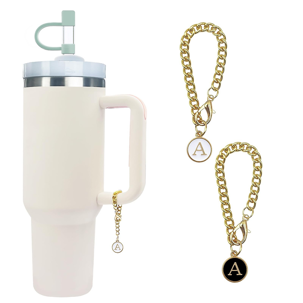 Velaco 5Pcs Silicone Straw Covers Cap and 2 PCS Letter Charm Accessories - Chains with Initial Letter for Stanley 20 30 40 oz Tumbler with Handle