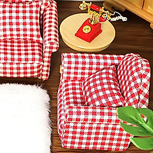 Dollhouse Couch with Pillow 1 12 Scale Miniature Sofa Arm Chair Living Room Furniture Wooden Fabric Frame Single Reading Chair Artificial House Room Scene Decoration (Plaid)