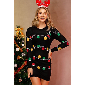 Christmas Womens Tight Crew Neck Ugly Sweater Dress Elf Casual Long Sleeve A Line Holiday Santa Costume Xmas Light L
