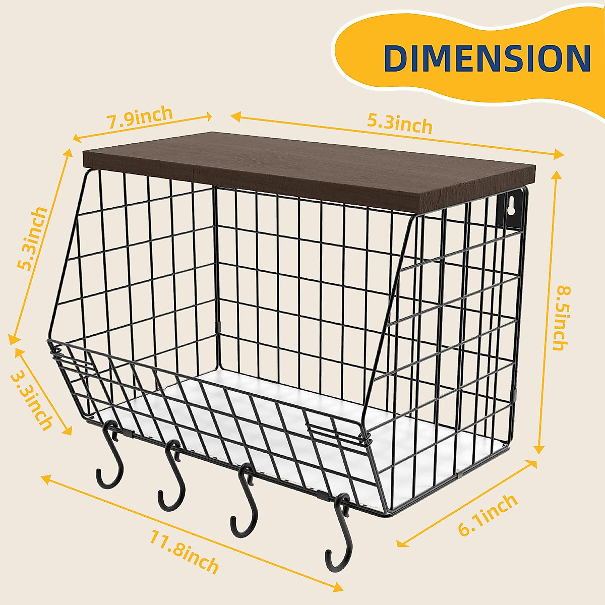 2pcs Fruit Basket Onion Storage Wire Baskets with Wood Lid, Multifunctional Stackable Wall-mounted & Countertop Tiered Kitchen Counter Organizer for Snack,Produce,Onion and Potato Storage Bins