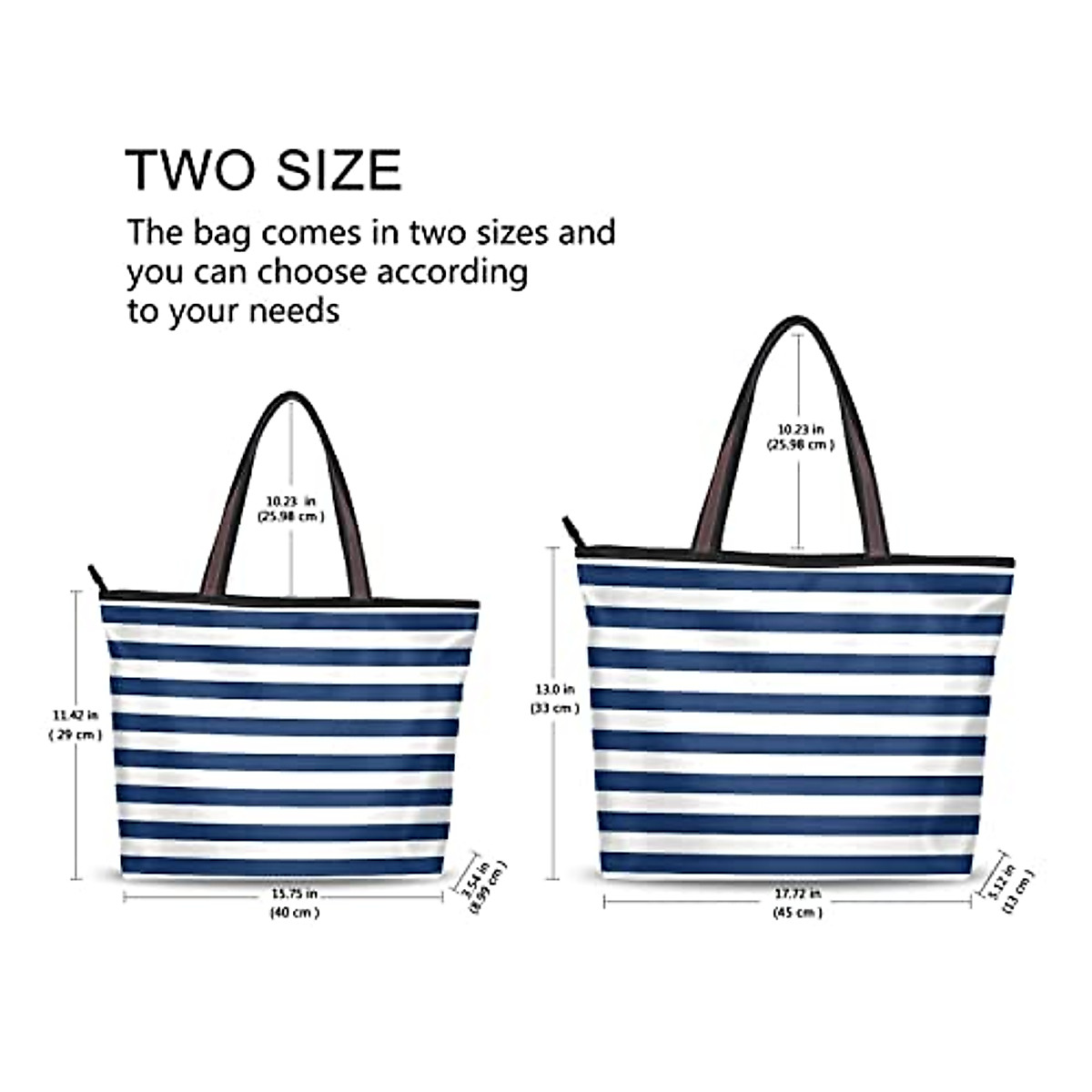 Bolaz Tote Bag with Zipper for Women Navy Blue White Striped Handbags Pockets Shoulder Bag Work Large Travel Office Business
