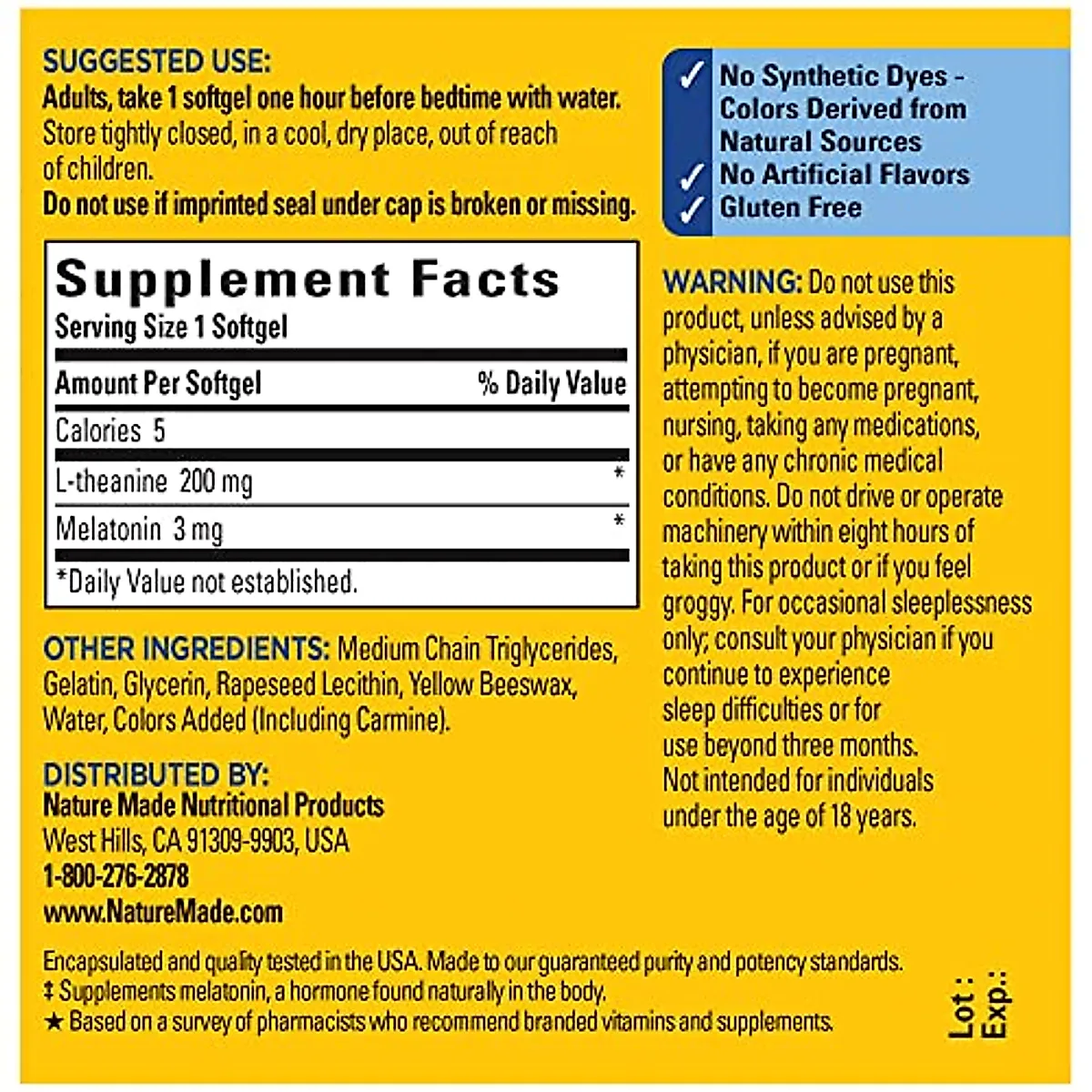 Nature Made Melatonin 3 mg with L-Theanine 200 mg, Dietary Supplement for Restful Sleep, Softgel, 60 Count (Pack of 1) - Packaging May Vary