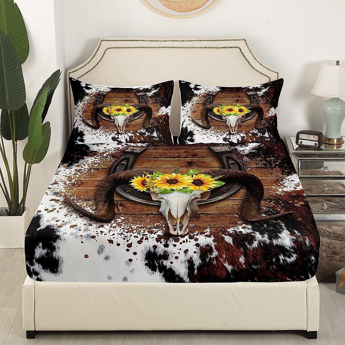 Castle Fairy Bull Head Cowhide Bed Sheet Set for Kids Boys Adults,Rustic Horseshoe Western Tropical Sunflowers Cow Print Fitted Sheet Set Queen 3 Pcs,Western Farmhouse Style Soft Microfiber Sheet Set