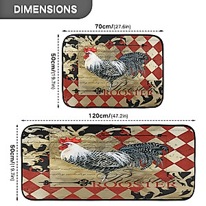 Washable Kitchen Rugs Set 2 Piece Rooster Vintage Domestic Farm Birds Anti Fatigue Floor Mats Bathroom Carpet