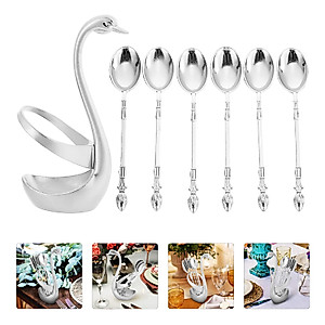 MAGICLULU Ice Cream Spoon Coffee Spoon Set with Swan Base Holder 6Pcs Dessert Spoons with Organizer Dessert Flatware Set for Tea Coffee Ice Cream Cake Sugar Silver Espresso Spoons