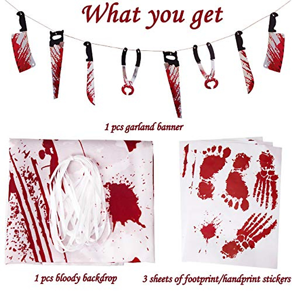 Halloween Decorations Set - Bloody Backdrop & Garland Banner & Footprints Handprints Floor Clings Decals - Zombie Vampire Party Supplies Garage Yard Outdoor Indoor Decor