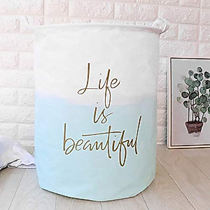 FILOL Clothes Laundry Hamper Storage Bin,Life is Beautiful Slogan Large Collapsible Storage Basket Canvas Laundry Basket for Home Bedroom Nursery Room