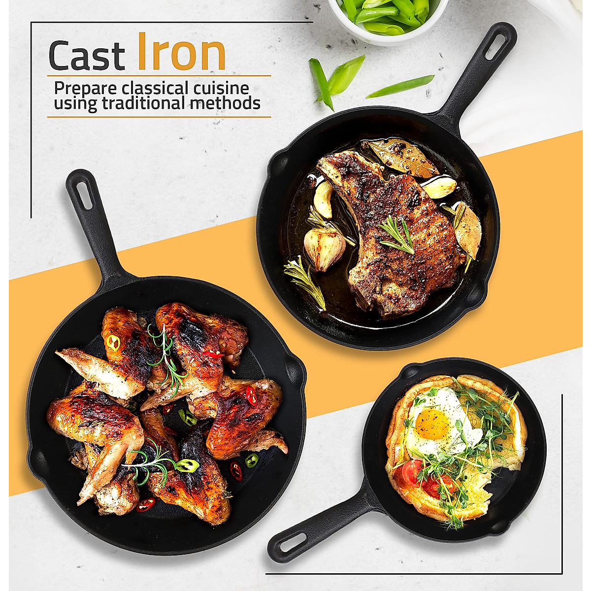 Utopia Kitchen Pre-Seasoned Cast Iron Skillet Set 3-Piece - 6 Inch, 8 Inch and 10 Inch Cast Iron Set (Black)