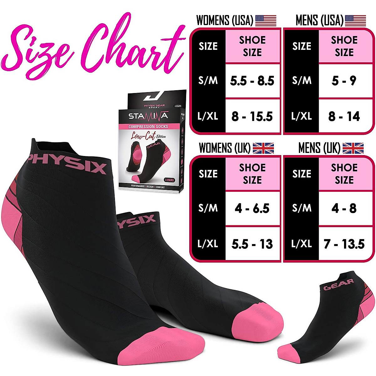 Physix Gear Sport Low Cut Socks Men & Women - Ankle Compression Running Socks (2Pair Blk-Pnk S/M)