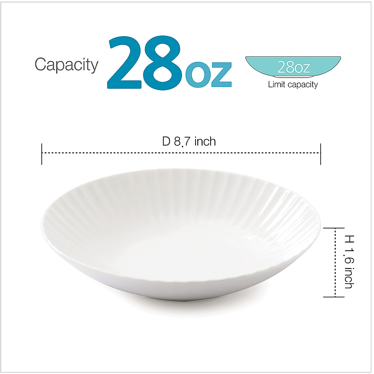 ZEN Pleats Porcelain Salad Pasta Bowls 28oz Set of 6 (Mixed Color)