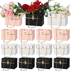 Lincia 12 Pcs Paper Flower Gift Bags Wedding Bouquet Flower Box with Handle Flower Boxes for Arrangements Gift Wrapping Bags Florist Handbag for Gift Wedding Baby Shower Party (Black, White, Pink)