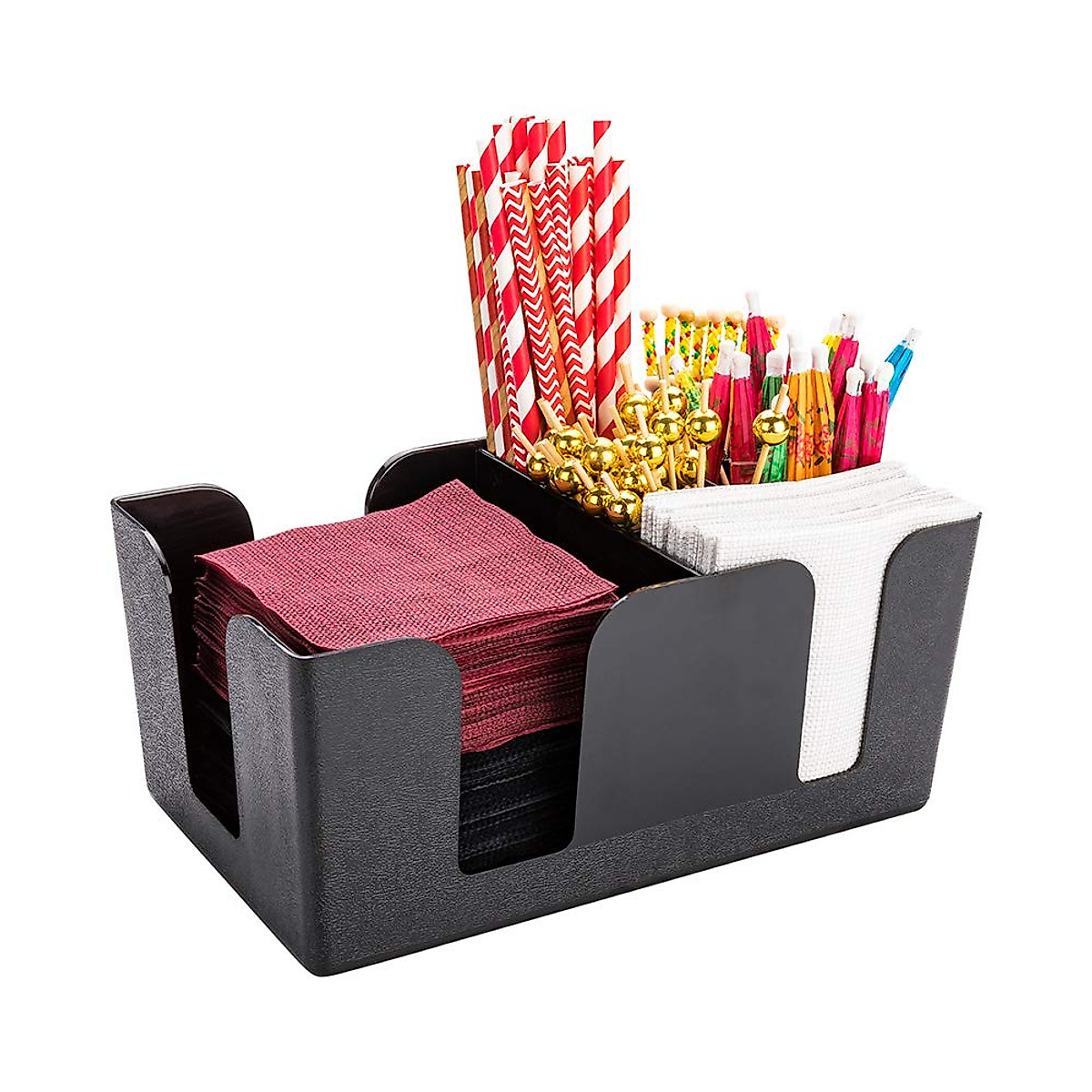 Restaurantware 9.5 x 5.8 x 4.2 Inch Bar Caddy, 1 Pebbled Napkin Holder-6 Compartments, Organize Straws, , or Condiments, Black Plastic Bar Organizer, For Homes, Bars, Restaurants, or Offices