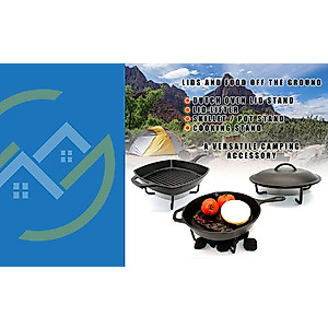 Strikento Dutch Oven Lid Lifter And Stand - Cast Iron Pot Stand - Multifunctional Camping Accessory For Cast Iron Cookware - Includes Red Silicone Heat Resistant Cooking Mitts