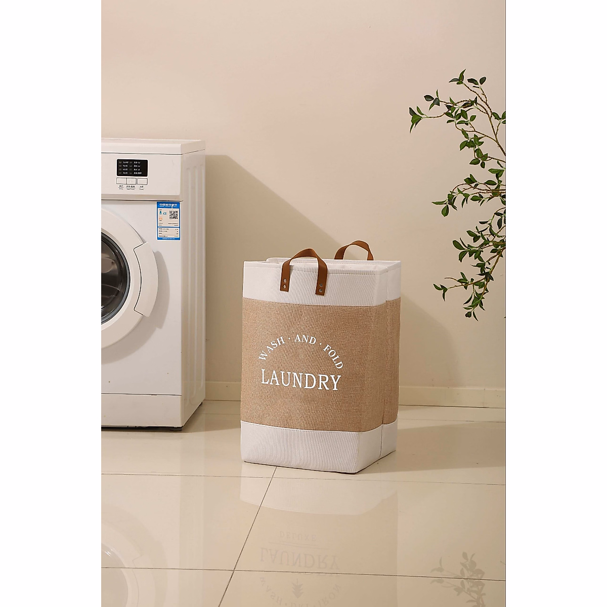 Classic Cotton Beige and White Laundry Basket with Handles, Dorm Room Laundry Hamper, Large, Beige/White/Brown Laundry Bag, 23 X 15 X 11 inches