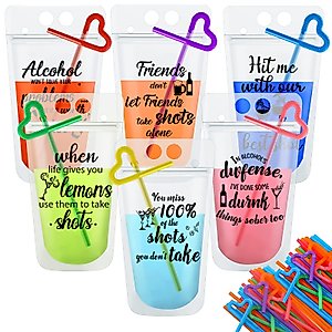 Spiareal 24 Sets Friends Zipper Drink Bags Pouches with Straws Reusable Juice Small Pouch Shots Friendship Plastic for Drinks Handheld Drinking Adult Birthday Party, 8.0 Count