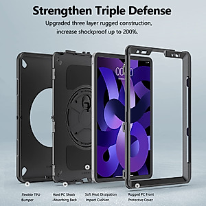 Miesherk Case for iPad Air 5th Generation Case: Compatible with iPad Air 5 Case 2022 Heavy Duty Shockproof Protective Cover-Pencil Holder-Rotating Stand-Hand/Shoulder Strap for iPad 10.9 2020 Black