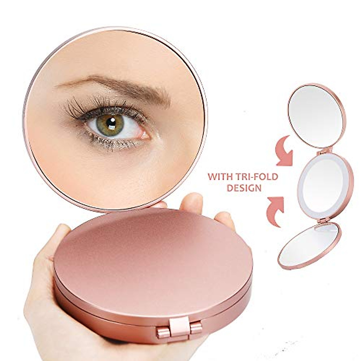 B Beauty Planet 20X Magnifying Mirror with Light, 20X/5X/1X Travel Lighted Makeup Mirror,Portable LED Compact Mirror,Handheld Folding Rechargeable Ring Light Mirror(4inches, Rose Gold)