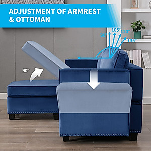 Horgaeo Reversible Sleeper Sectional Sofa, Modular U Shaped Couch with Storage Ottoman, Angle-Adjustable Armrest Velvet Fabric Sofa with Convertible Chaise for Living Room, Apartment, Studio (Blue)