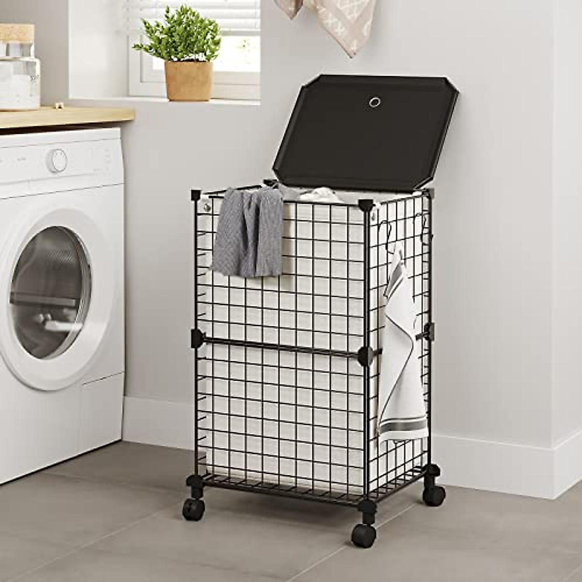 WOWLIVE Iron Wire Laundry Hamper with Lid, Foldable Laundry Basket with Wheels and Removable bags，Collapsible Dirty Clothes Hamper Organizer Dorm Room Storage for Bedroom, Bathroom (Black)