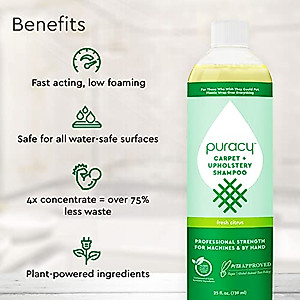Puracy Professional Carpet Cleaner Machine Detergent, 4x Concentrated Upholstery Cleaner, Natural Carpet Shampoo, Pet Stain Remover & Deodorizer, Makes 20 Gallons of Cleaning Solution, 25 Ounce
