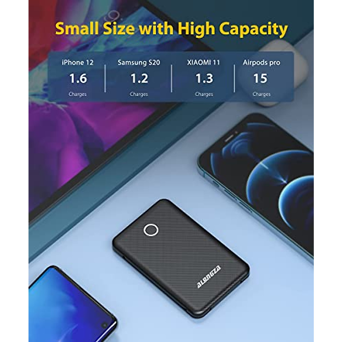 Portable Charger Small Size Built in Cable 6000mAh Power Bank, External Battery Pack Lightweight Backup Charger, Ultra Slim Battery Backup Charger for Cell Phones