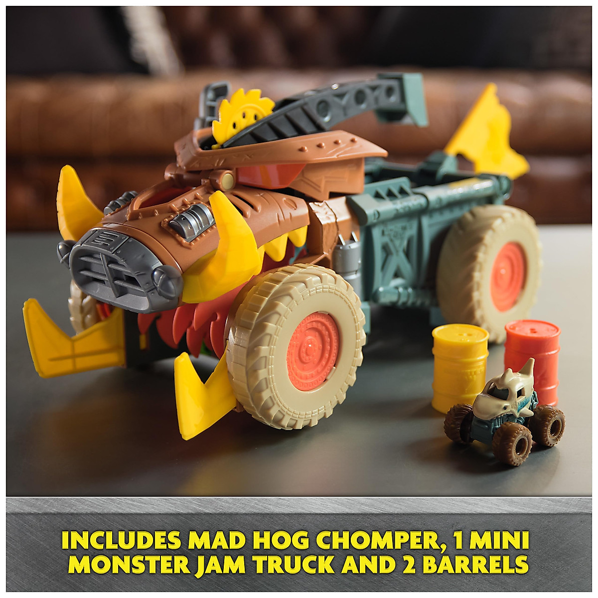 Monster Jam Mini Jam, Megalodon Mad Hog Chomper and Monster Truck, Fun Cleanup and Storage, Kids Toy Gifts for Boys and Girls Ages 3 and Up