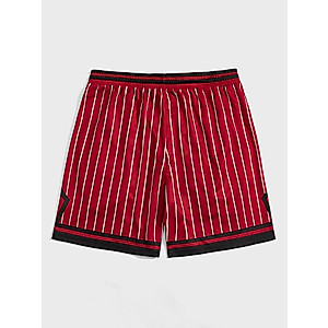 GORGLITTER Men's Striped Letter Graphic Drawstring Waist Shorts with Pockets Burgundy Medium