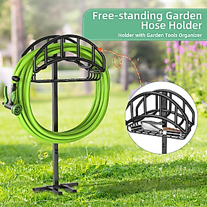Yumatum Garden Hose Holder, Upgraded Metal Hose Reel with Tool Storage Basket, Heavy Duty Freestanding Water Hose Holders Holds 150ft Hose, Detachable Hose Storage Hanger for Outside