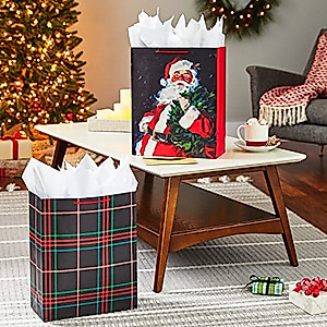 Hallmark 15" Extra Large Christmas Gift Bag Set (2 Bags: Classic Santa, Black, Red and Green Plaid) for Friends, Family, Teachers, Coworkers