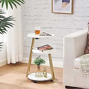 BEWISHOME Round End Table Side Table with Metal Frame, Accent Table Nightstand Bedside Table with 3-Tier Shelves, Small Table for Living Room Bedroom Couch Table Small Coffee Table White Gold KTZ41M