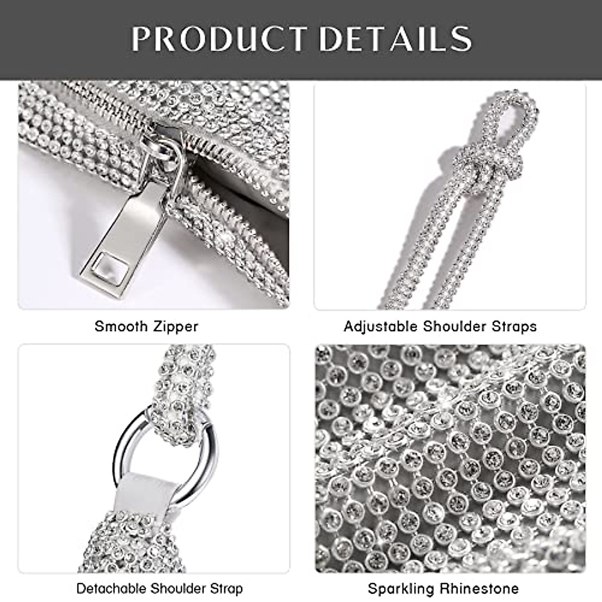 SWEETV Women's Evening Bag,Rhinestone Clutch Purse for Formal/Wedding/Cocktail/Prom/Party/Club,Silver Hobo Bags,Large