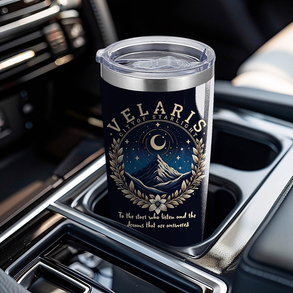 Velaris City of Starlight 20oz Stainless Steel Tumbler with Lid and Straw Acotar Gift (Black-VELARIS City)