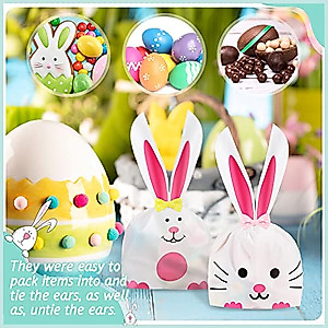 100 Pcs Cute Bunny Long Ear Candy Gift Bags Easter Goodie Bags Easter Bunny Gift Bag Plastic Easter Party Treat Bags with 100 Twist Tie Bow for Party Favors, Wedding Birthday Supplies