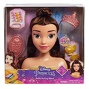 Disney Princess Belle Styling Head, Brown Hair, 10 Piece Pretend Play Set, Beauty and the Beast, Officially Licensed Kids Toys for Ages 3 Up by Just Play