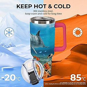 LLUTSNTH 40 Oz Vacuum Tumbler with Light Rose Red Handle Leakproof Insulated Tumbler Dolphins Blue Stainless Steel Travel Mug with Lid And Straw Coffee Cup Cute Water Bottles Cup Holder Friendly