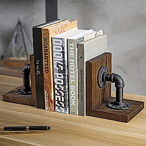 MyGift Rustic Brown Wood Decorative Office Bookends with Realistic Industrial Pipe Design, Shelf Decor Desk Book Holder L-Shaped Stand, 1-Pair