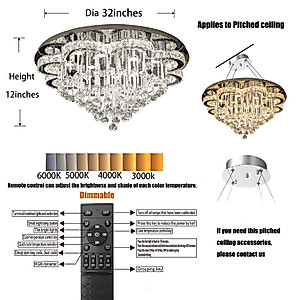 W32inches Modern Raindrop Crystal Chandeliers Flush Mount Ceiling Chandeliers for High Ceiling Entrance Foyer Bedroom Dining Room Living Room LED Dimming 2700k 4500k 6000k Contemporary Chandelier