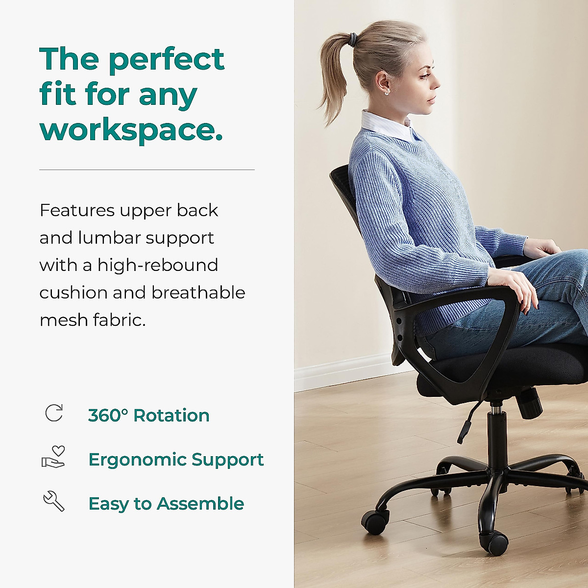 Smug Office Computer Desk Chair, Ergonomic Mid-Back Mesh Rolling Work Swivel Task Chairs with Wheels, Comfortable Lumbar Support, Comfy Arms for Home, Bedroom, Study, Dorm, Student, Adults