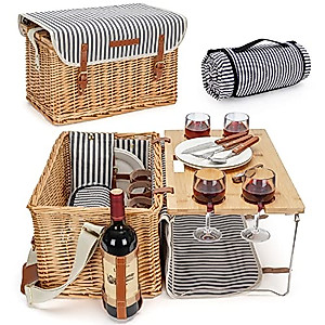 Wicker Picnic Basket for 4, 4 Person Picnic Kit, Willow Hamper Service Gift Set with Blanket Portable Bamboo Wine Snack Table for Camping and Outdoor Party