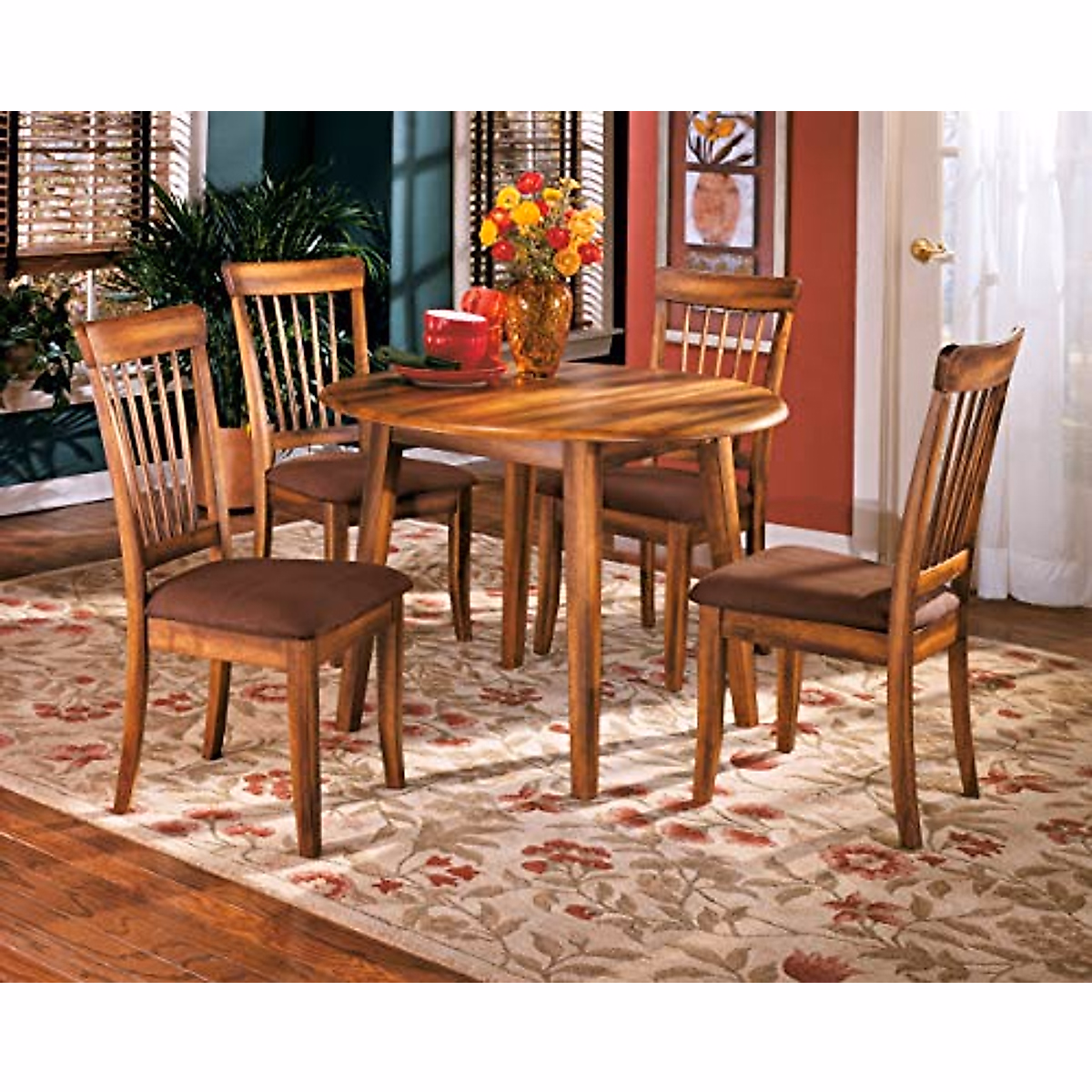 Signature Design by Ashley Ralene Rake Back Dining Room Chair Set of 2, Medium Brown & Berringer Dining Room Round Drop Leaf Table, Rustic Brown