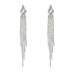 T-ztoss Extra Long fashion luxury tassel Rhinestone Earrings Silver Elegant Crystal Bridal Tassel Earrings Bling Dangle Earrings in Prom Party Wedding Jewelry Gift Sparkling sexy Chandelier eardrop