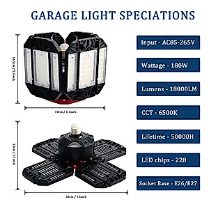 HBESTIE LED Garage Lights, 180W Deformable LED Shop Lights with 12 Adjustable Multi-Position Panels, 18000LM 6500K Warehouse LED Garage Ceiling Lights,E26 E27 Base Bay Light for Workshop,Barn,Yard